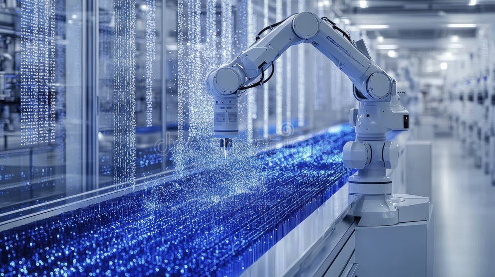 Robotic Assembly Line with Dynamic Digital Data Visuals Stock ...