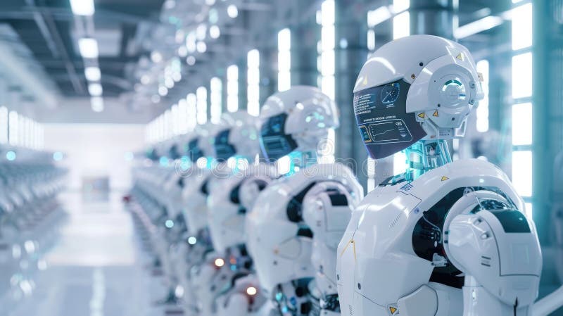 Robotic Assembly Line Featuring a Transparent Screen Displaying Live ...