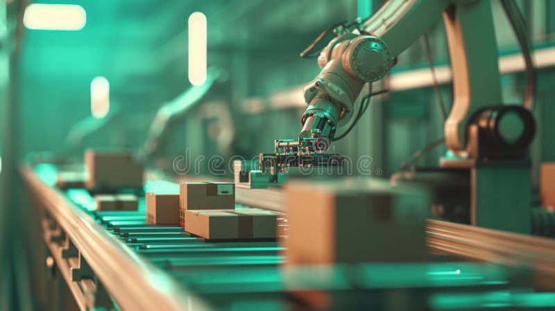 Robotic Assembly Line in a High-tech Factory Handling Boxes Stock Image ...
