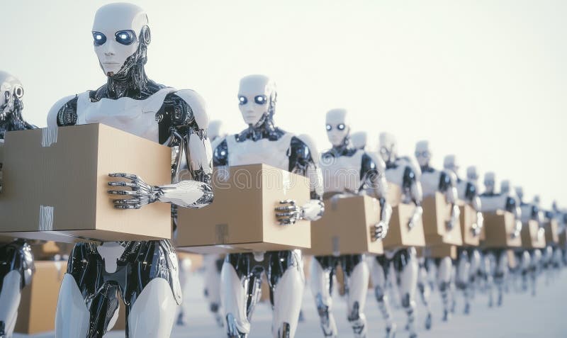 Robotic Assembly Line with Humanoid Robots Carrying Boxes in a ...