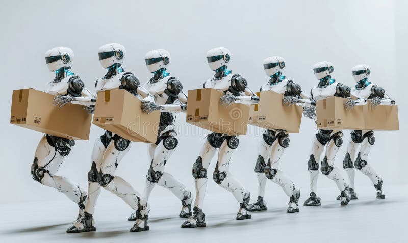 Robotic Assembly Line with Humanoid Robots Carrying Boxes in a Modern ...