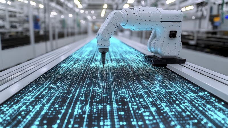 Robotic Assembly Line Processing Glowing Digital Data Stock ...