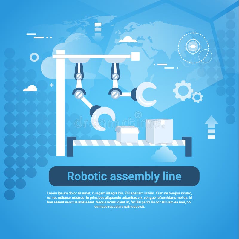 Robotic Assembly Line Web Banner with Copy Space on Blue Background ...