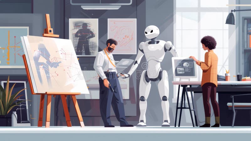 Robotic Assistant Helping Human Artist in Studio Stock Illustration ...