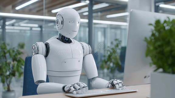 Robotic Assistant Working at a Modern Office Desk in a High-tech ...