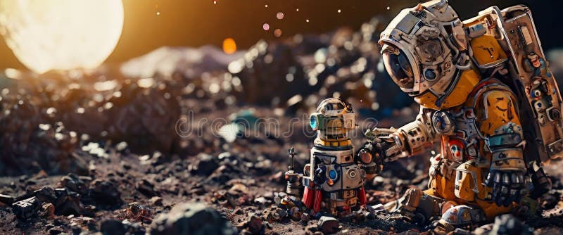 Robotic Astronaut Interacting with Small Robot on Alien Terrain Stock ...