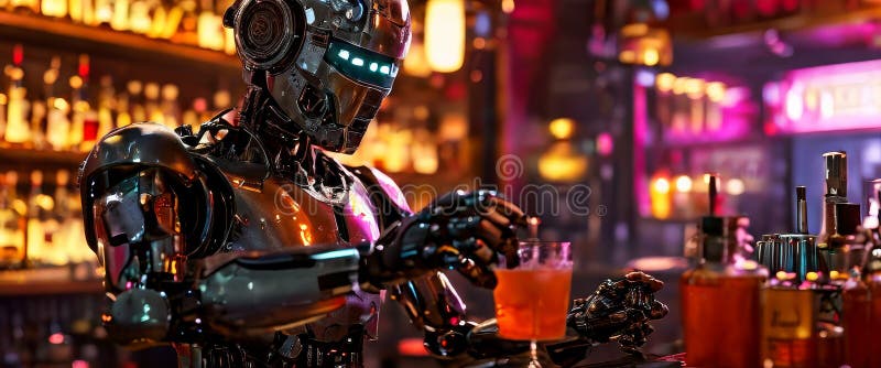 Robotic Bartender Preparing a Drink in a Vibrant Bar Stock Image ...