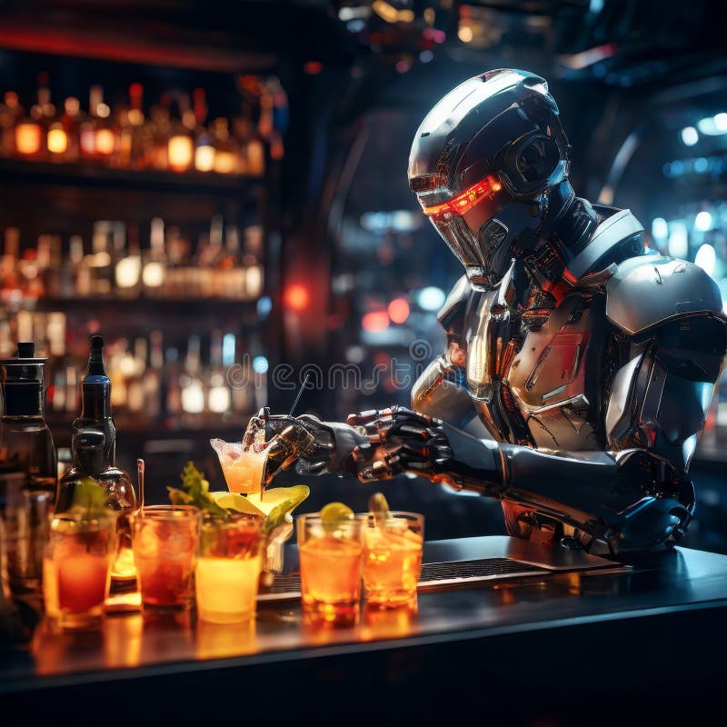Robotic Bartender Preparing Drinks in a Futuristic Bar Setting Stock ...