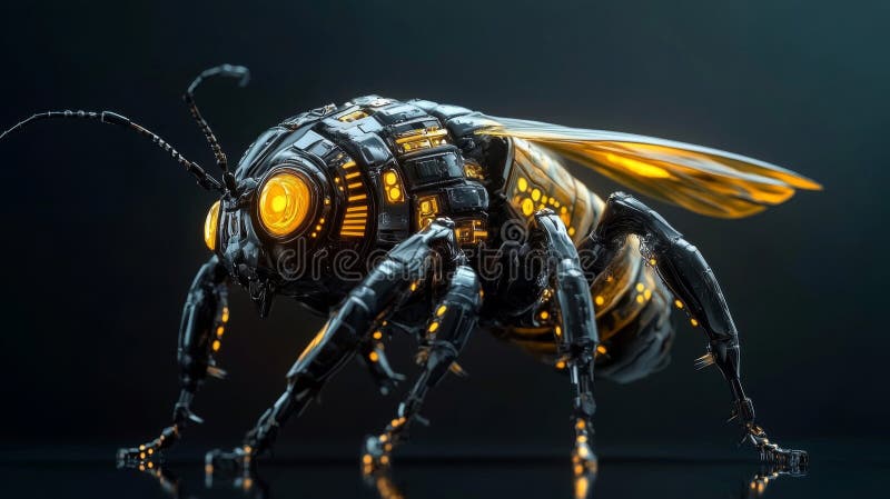 Robotic Bee with Glowing Eyes and Golden Wings on Dark Background Stock ...