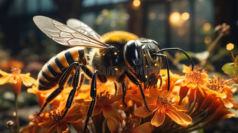 A Robotic Bee with Glowing Lights Pollinating a Yellow Flower Stock ...