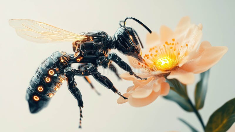Robotic Bee Pollinating a Glowing Flower, Symbolizing AI in Future ...