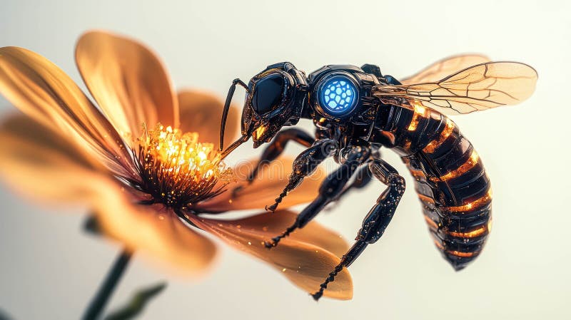 Robotic Bee Pollinating a Glowing Flower, Symbolizing AI in Future ...