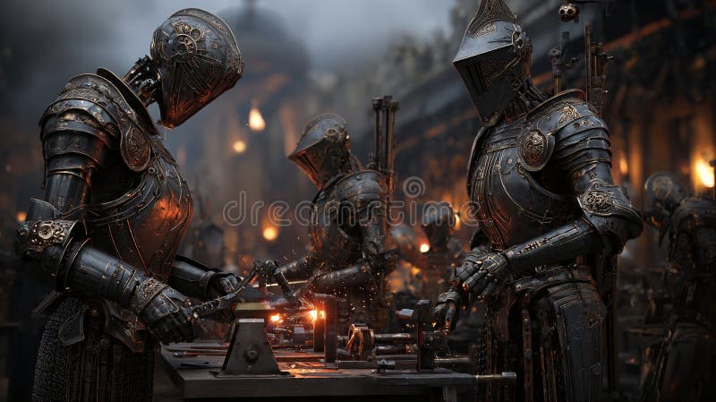 Robotic Blacksmiths Crafting Armor Stock Illustration - Illustration of ...