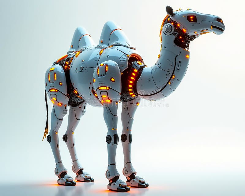 A Robotic Camel with a Sleek Design and Glowing Orange Lights Stands ...