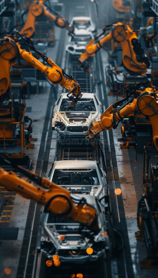 Robotic Car Assembly on Production Line in Wide Angle View of ...