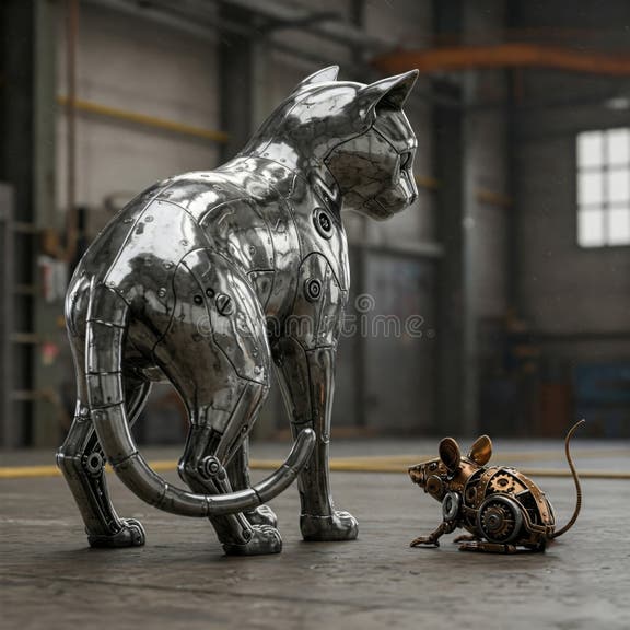 A Robotic Cat and a Mechanical Mouse in an Industrial Building. Stock ...