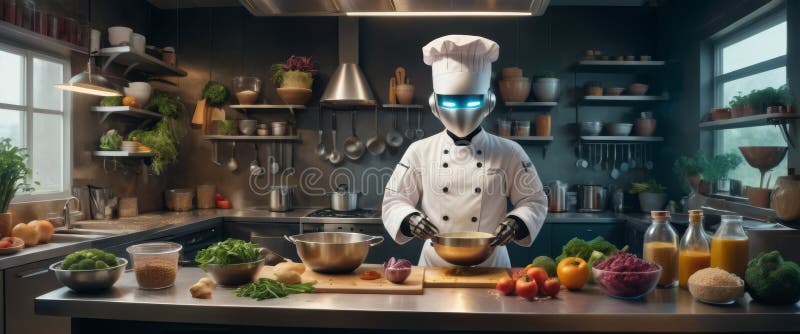 Robotic Chef Cooking in Modern Kitchen Stock Photo - Image of chopping ...