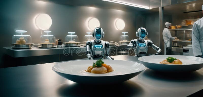 Robotic Chefs Preparing Gourmet Dishes in Kitchen Stock Illustration ...