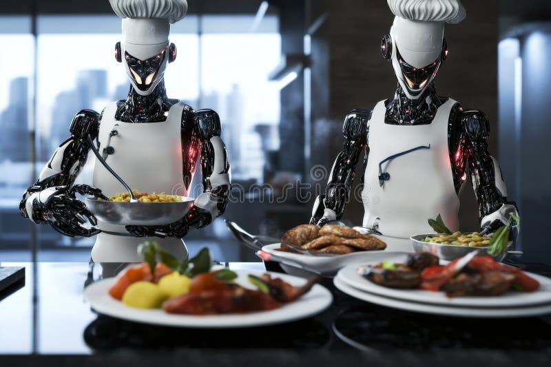 Robotic Chefs Preparing Gourmet Meals in a Modern Kitchen Setting Stock ...