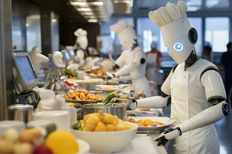 Robotic Chefs Preparing Meals in a Modern Kitchen during a Culinary ...