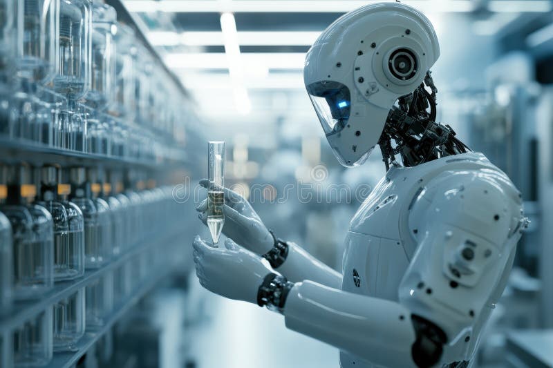 Robotic Chemical Engineer Analyzes Liquid Sample in Advanced Pharmaceutical Lab. Generative AI ...