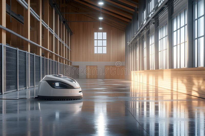 Robotic Cleaner in Modern Warehouse with Wooden Interior and Large ...
