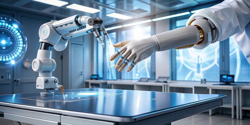 Robotic Collaboration AI Hand and Arm Interact on Futuristic Table ...