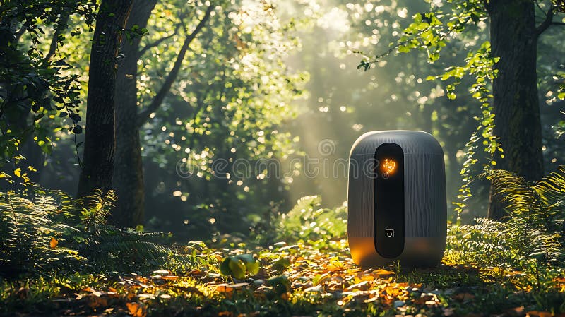 Robotic Compost Bin with AI Sensors Lush Forest Setting, Surrounded by ...