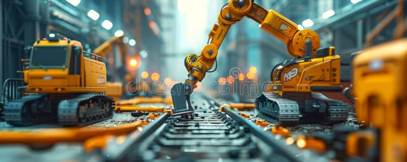 Robotic Construction Machinery Working on Railway Tracks in Industrial ...