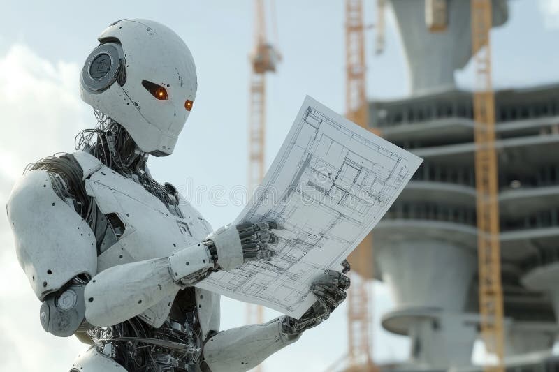 Robotic Construction Worker Examines Blueprint on Industrial Site Under ...