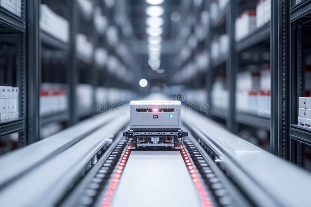 Robotic Conveyors Moving through a Modern Warehouse, with Automated ...