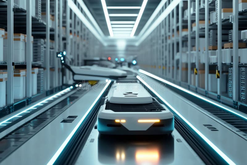 Robotic Conveyors Moving through a Modern Warehouse, with Automated ...