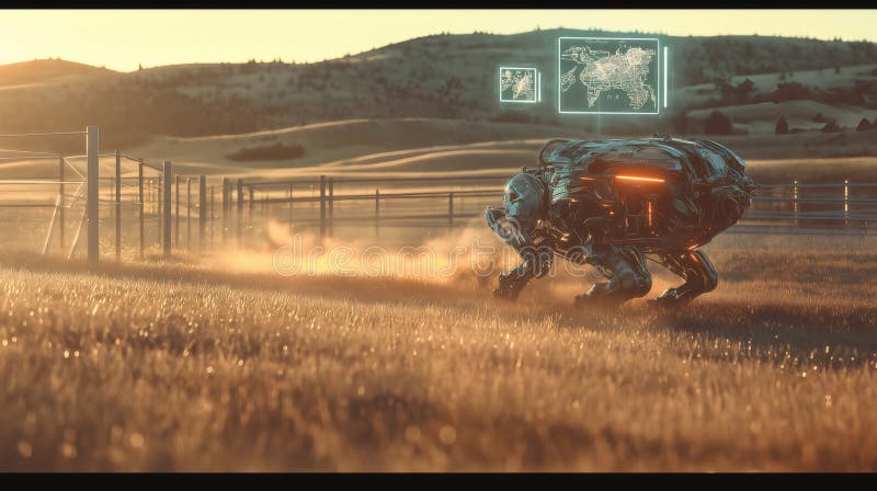 Robotic Cowboy Dog Patrolling Ranch at Sunset with Futuristic Interface ...