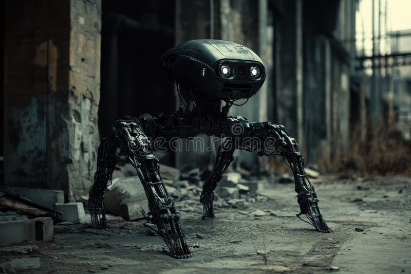 Robot Exploring Abandoned Industrial Site Amidst Rubble and Decay Stock ...