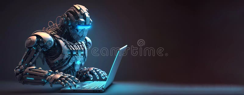Robotic Cyborg Hand Pressing a Keyboard on a Laptop 3D Rendering ...
