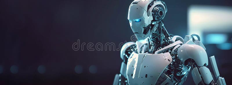 Robotic Cyborg Pressing. Banner. Place for Text. 3D Rendering, Blue ...