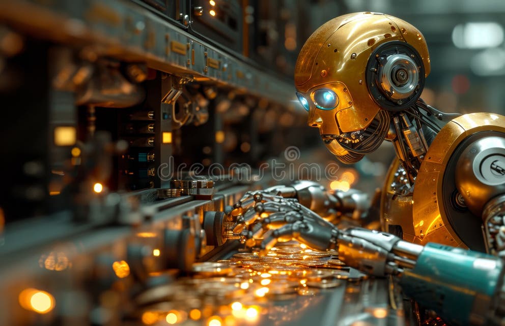 Robotic Cyborg Works at Computer in Factory. Digitalization and ...