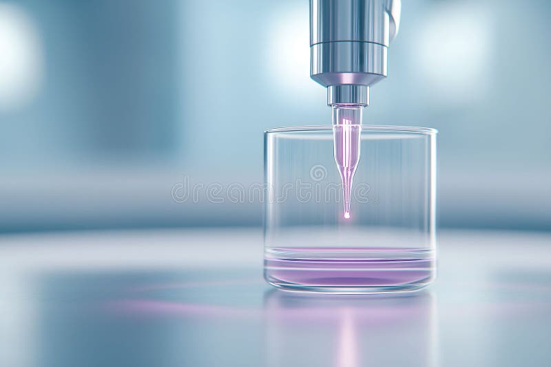 A Robotic Dispenser Releasing a Drop of Pink Liquid into Transparent ...