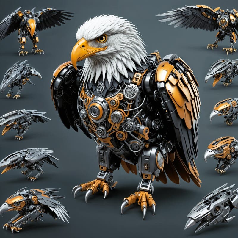 Robotic Eagle Standing Majestically among Mechanical Birds Stock ...