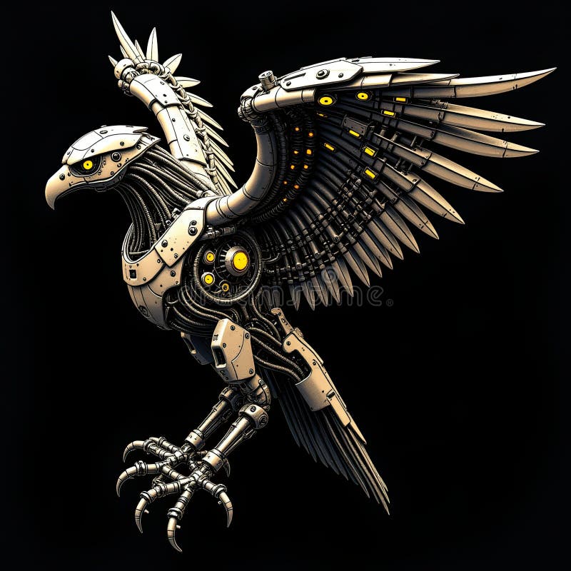 A Robotic Eagle with Yellow Lights in Its Body and Wings, Posed with ...