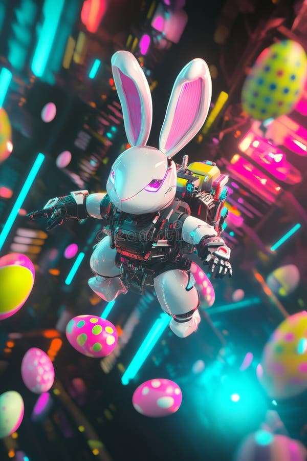 A Robotic Easter Bunny with a Futuristic Jetpack, Flying through a ...