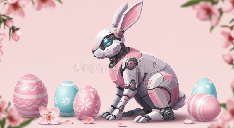Robotic Easter Bunny with Pastel Eggs and Blossoms Stock Illustration ...