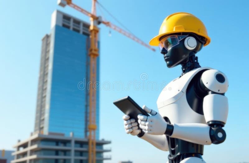 Robotic Engineer with Tablet at Construction Site Overseeing Building ...