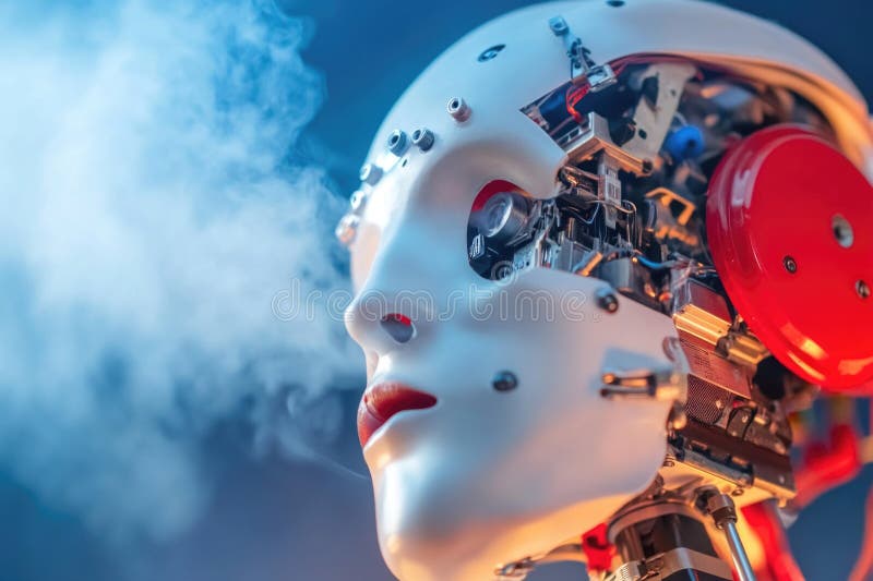 Robotic Face with Mechanical Components and Smoke Emission Stock Photo ...