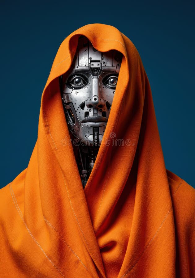 Robotic Figure Draped in Orange Cloth Against Blue Background Stock ...