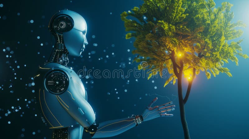Robotic Figure Energizing a Luminous Tree Stock Photo - Image of ...