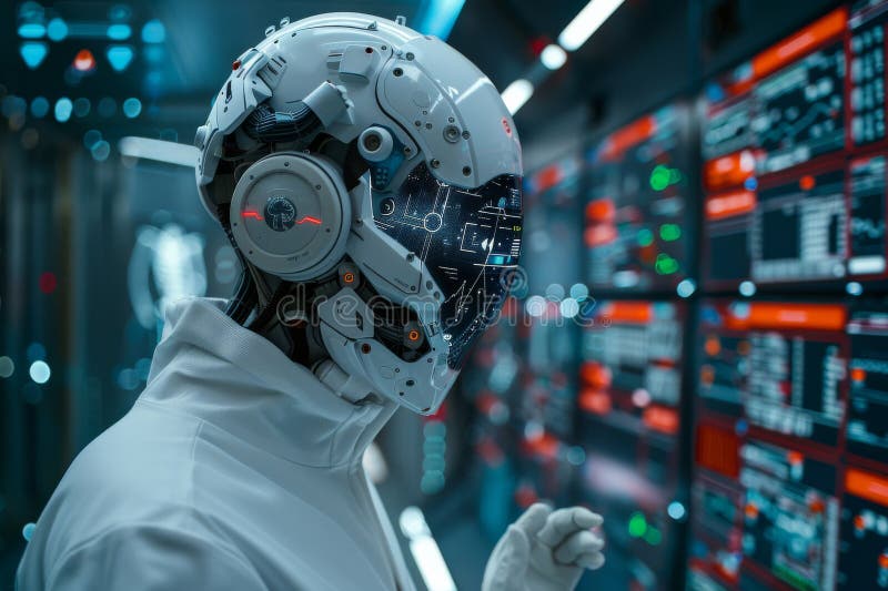 A Robotic Figure in a Futuristic Control Room Interfaces with Complex ...