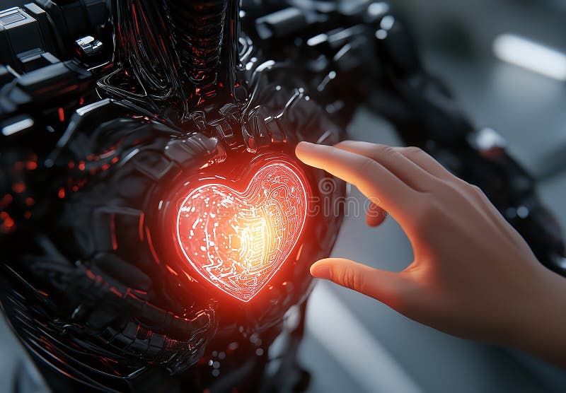 Robotic Figure with Glowing Heart Shaped Light is Touched by Human Hand ...