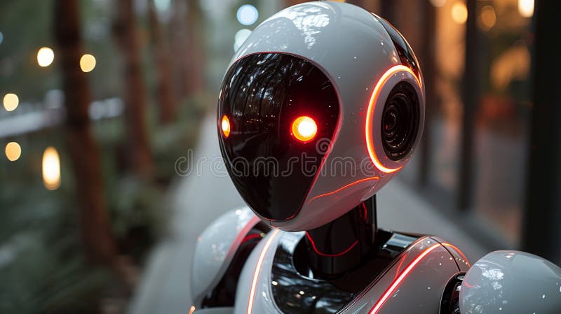 Robot with Red Eyes Standing in Front of Building Stock Photo - Image ...