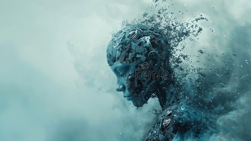 A Robotic Figure Hunched Over, Its Body Disassembling into Floating ...